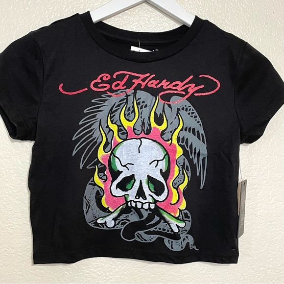 Ed Hardy | Tops | Ed Hardy Y2k Black Skull Snake Flames Graphic Cropped ...